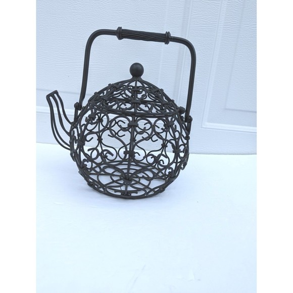 Accents | Vintage Iron Teapot Basket Filigree Tea Time Metal Home Decor ...